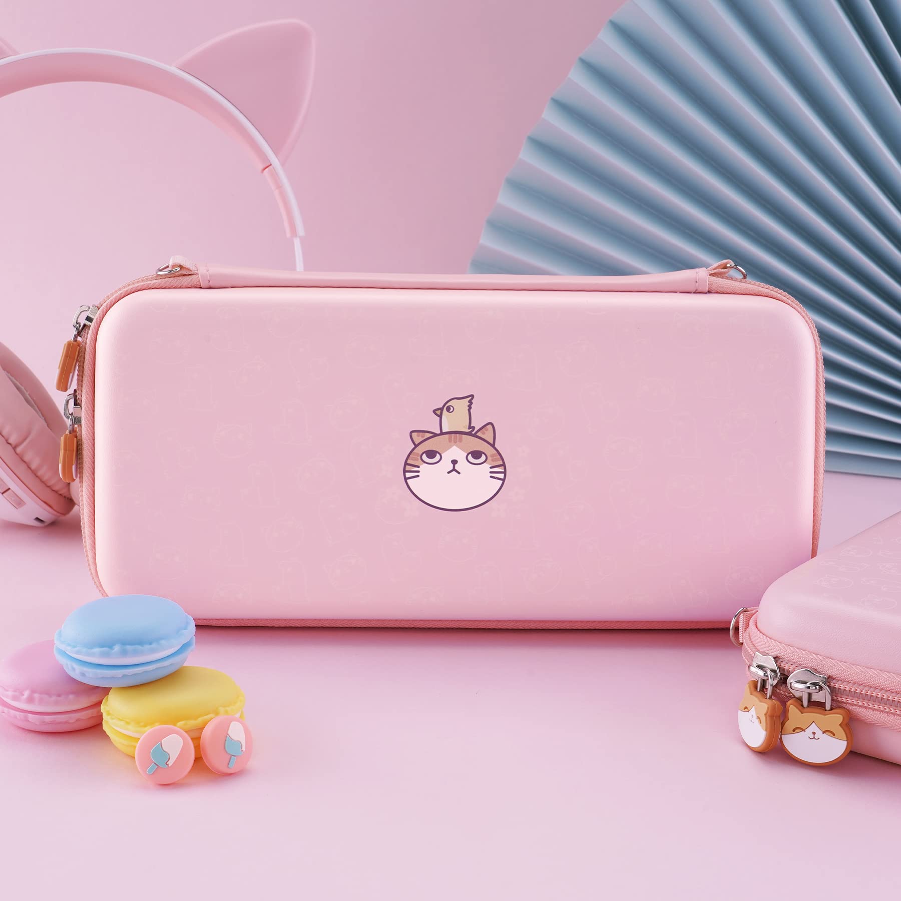 PlayVital Pink Cute Carrying Case for Nintendo Switch & OLED, Thumb Grip Caps & Kitten & Chicken Slim Travel Case for Switch Portable Hardshell Girl Storage Game Accessories