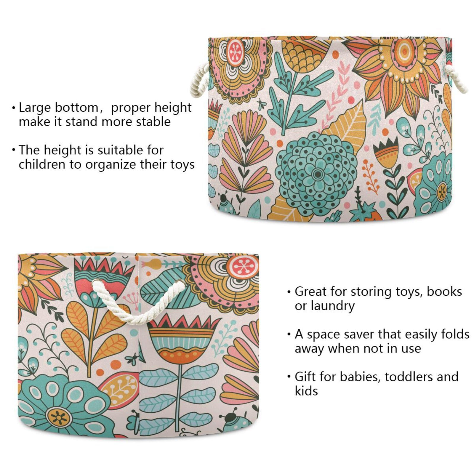 Botanic Texture Detailed Flowers Collapsable Foldable Storage Baskets Round Kids Linen Dirty Clothes Hamper