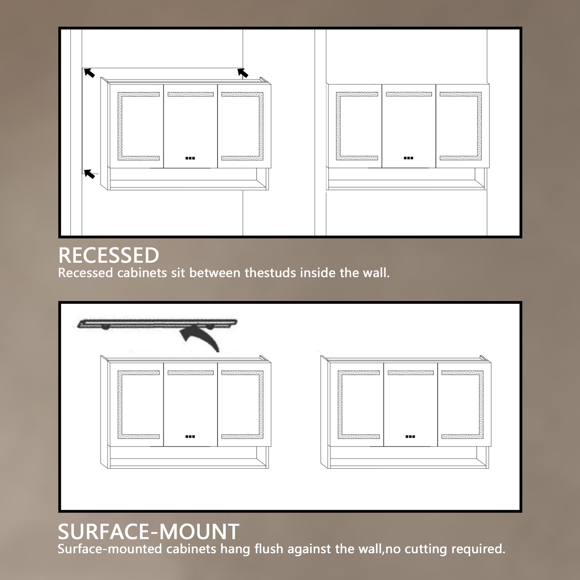 cieloshinerico 48x32 Bathroom LED Mirror Medicine Cabinet, Recessed or Surface Wall Mounted Bathroom Cabinet with Storage Shelves, Smart Touch Dual Outlets and USB, 3 Door, Silver