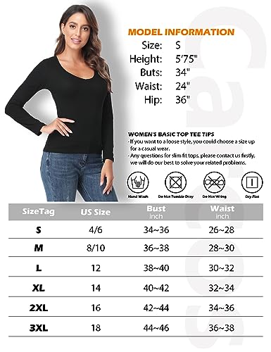 CARCOS Women's Casual Tops Sexy V Neck Long Sleeve Pullover Underwear Tee Slim Fit Basic Shirts Black L