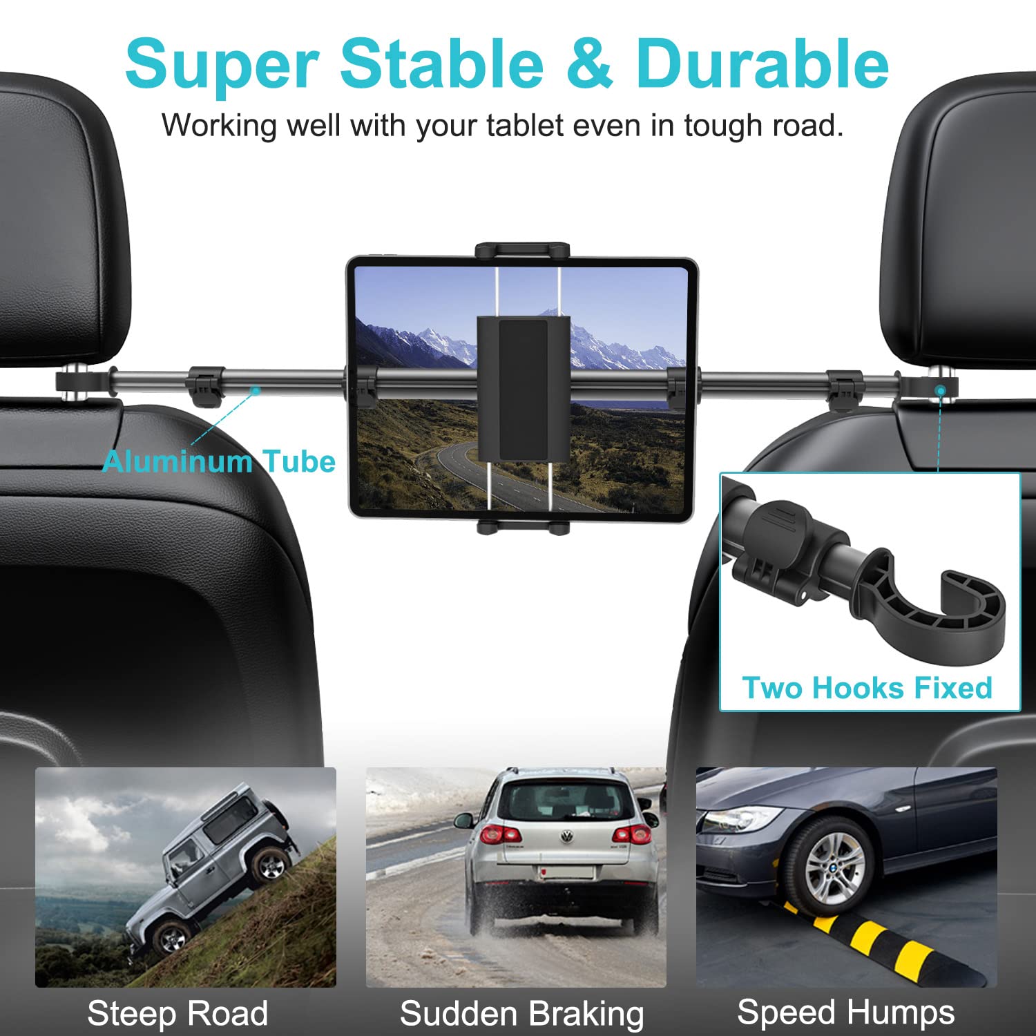 Car Headrest Tablet Mount, 32.67 inch Between Seat iPad Holder, Aozcu Back Seat Stretchable Long Arm Phone Stand, Backseat Mount for kids Fits iPad Pro 12.9 Air Mini, Galaxy Tabs, Switch,4-13" Devices