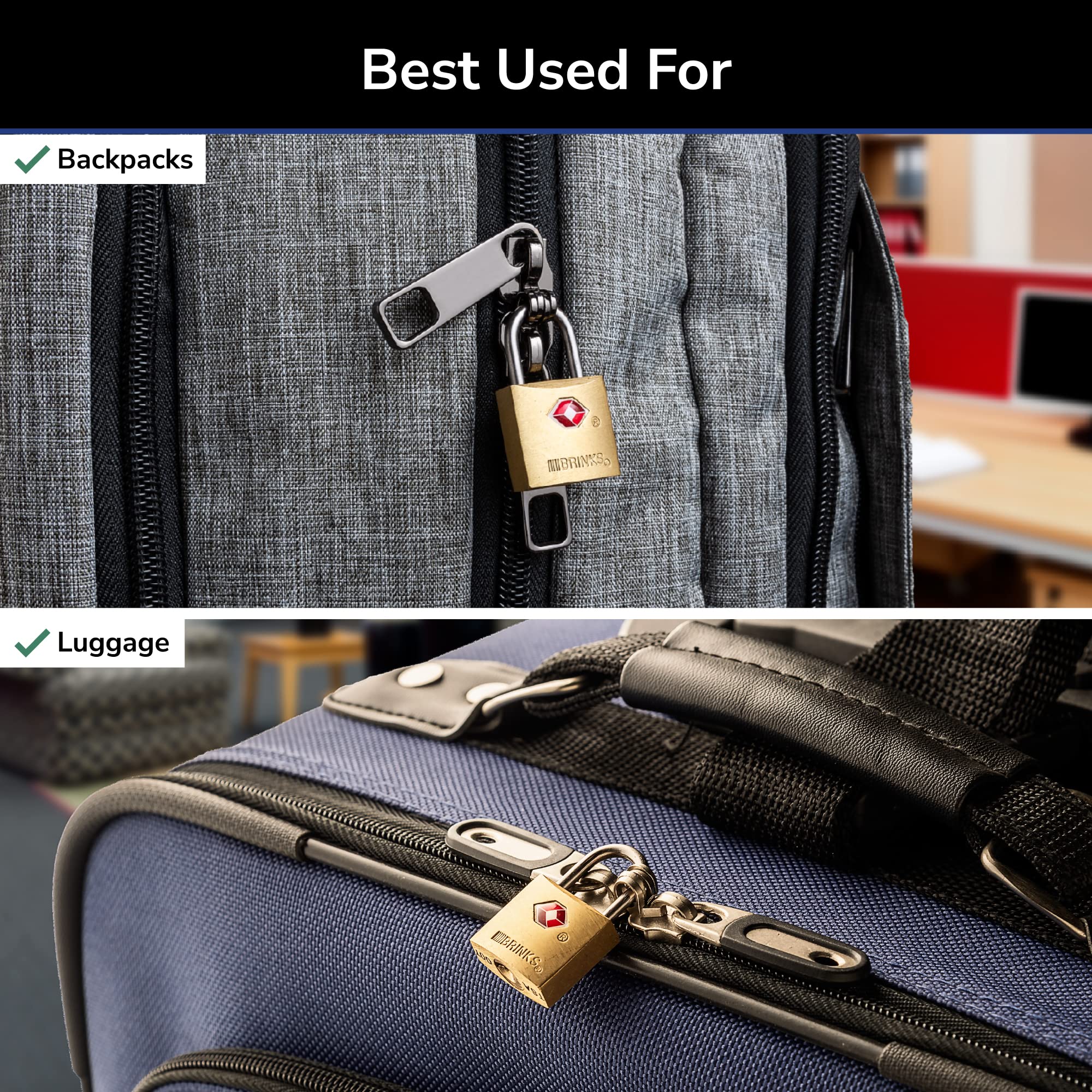 BRINKS - 22mm TSA Approved Solid Brass Keyed Travel Padlock, 2-Pack - Chrome Plated with Hardened Steel Shackle, TSA Approved Lock for Travel and Inspection