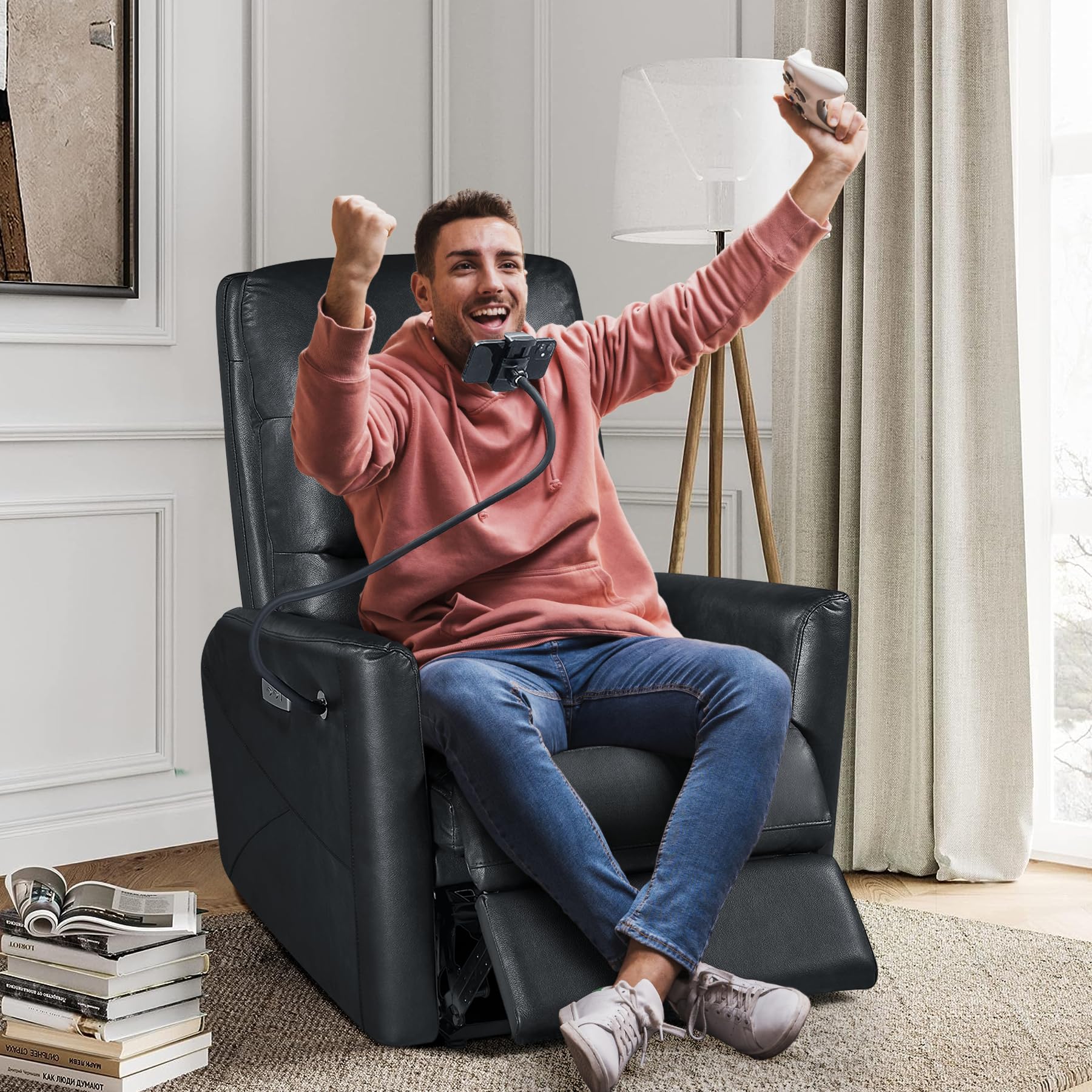 Plococo Zero Gravity Recliner Chair ZGRC001 - Power & Electric Living Room Chair with USB Port, Phone Holder, Breathable Leather - Compact & Small,Gray