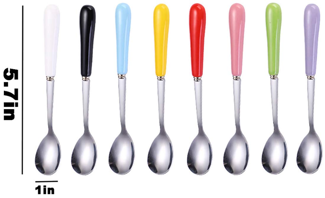 Goeielewe Set of 8 Dinner Spoons, Stainless Steel Iced Teaspoon with Ceramic Handle Soup Tablespoons Espresso Candy-Colored Coffee Spoons Mixing Spoon 5.7-Inch Long - Mixed Color