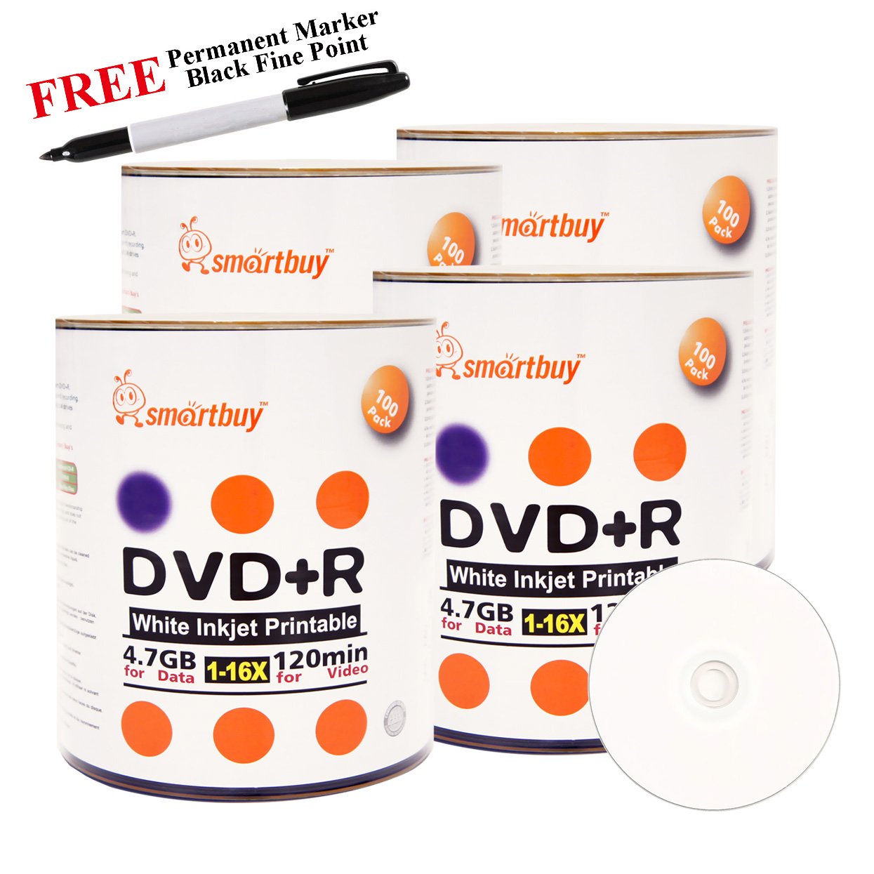 Smartbuy 400-disc 4.7GB/120min 16x DVD+R White Inkjet Hub Printable Blank Media Disc + Black Permanent Marker