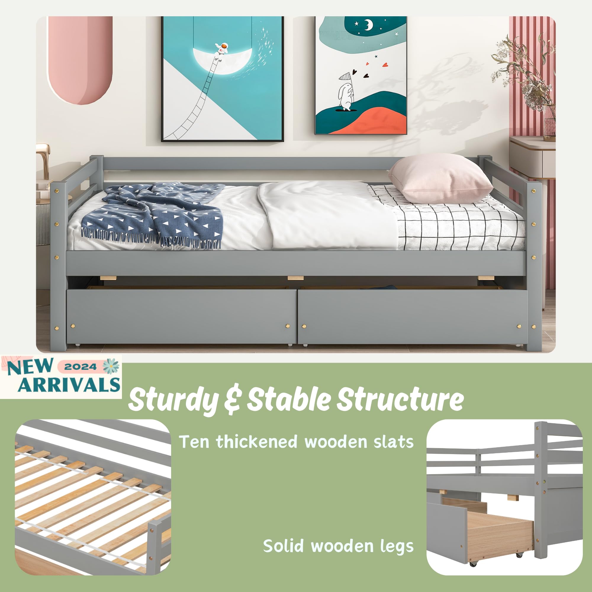 Harper & Bright Designs Twin Daybed with 2 Storage Drawers, Wooden Twin Size Daybed Frame, Dual-Use Daybed Sofa Kids Bed for Living Room,Guest Room,Children Room, No Box Spring Needed, Gray