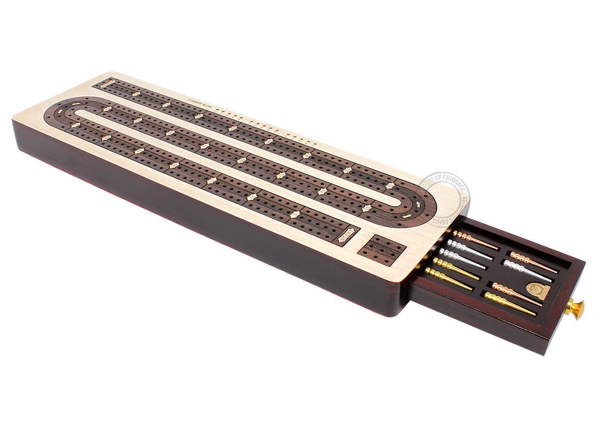 House of Cribbage - 3 Track Continuous Cribbage Board Inlaid in Rosewood - Maple Wood - Size: 12.5 Inches - Storage Drawer for Cribbage Pegs