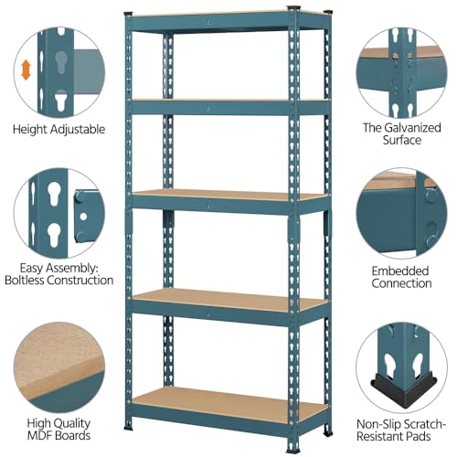CFSAFK 4 Pieces of 5 Tiers Boltless Storage Shelf for Home Warehouse, Neptune Blue