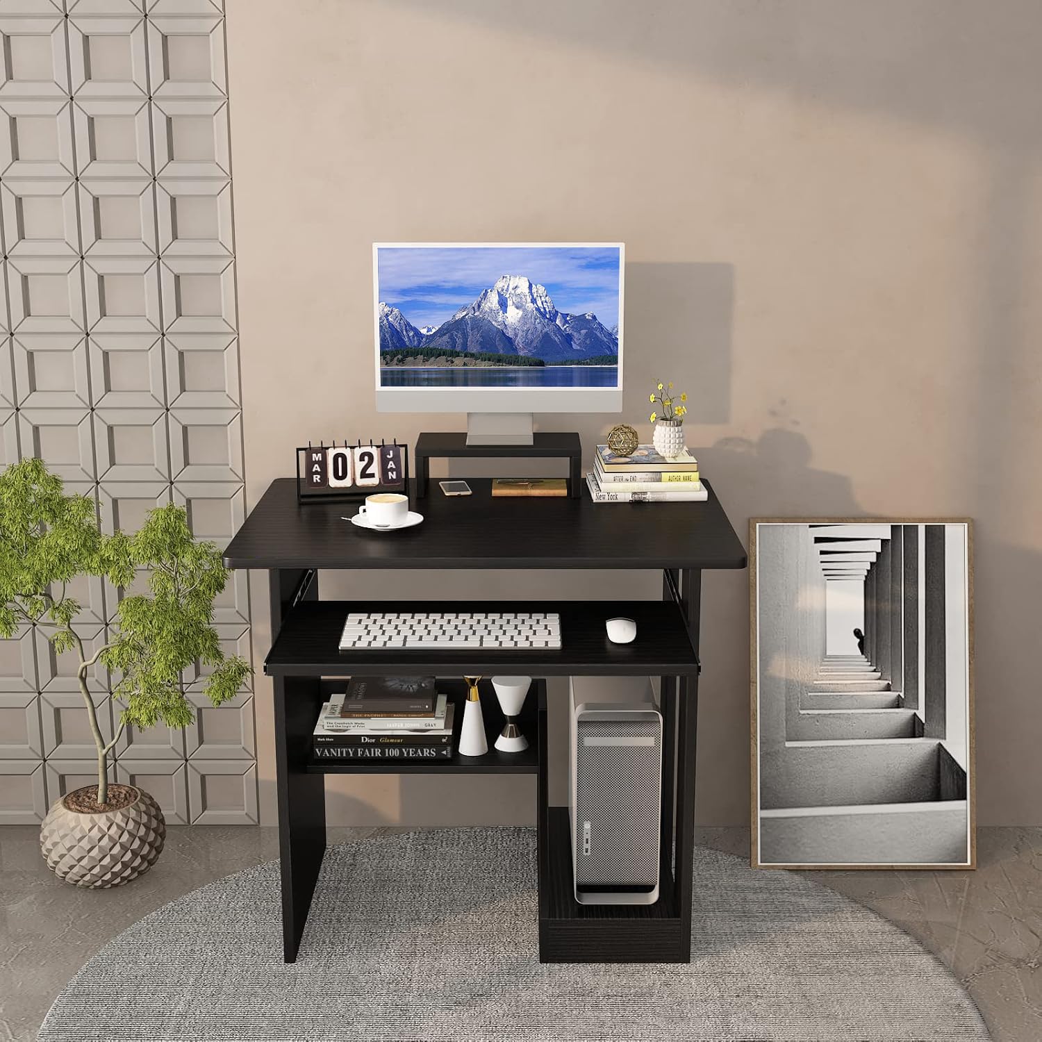 LERIJN 30Inch Small Computer Desk for Small Spaces, Computer Desk with Shelves and Keyboard Tray, Standing Compact Desk with Storage, Home Office Study Computer Desk with Monitor Stand, Black
