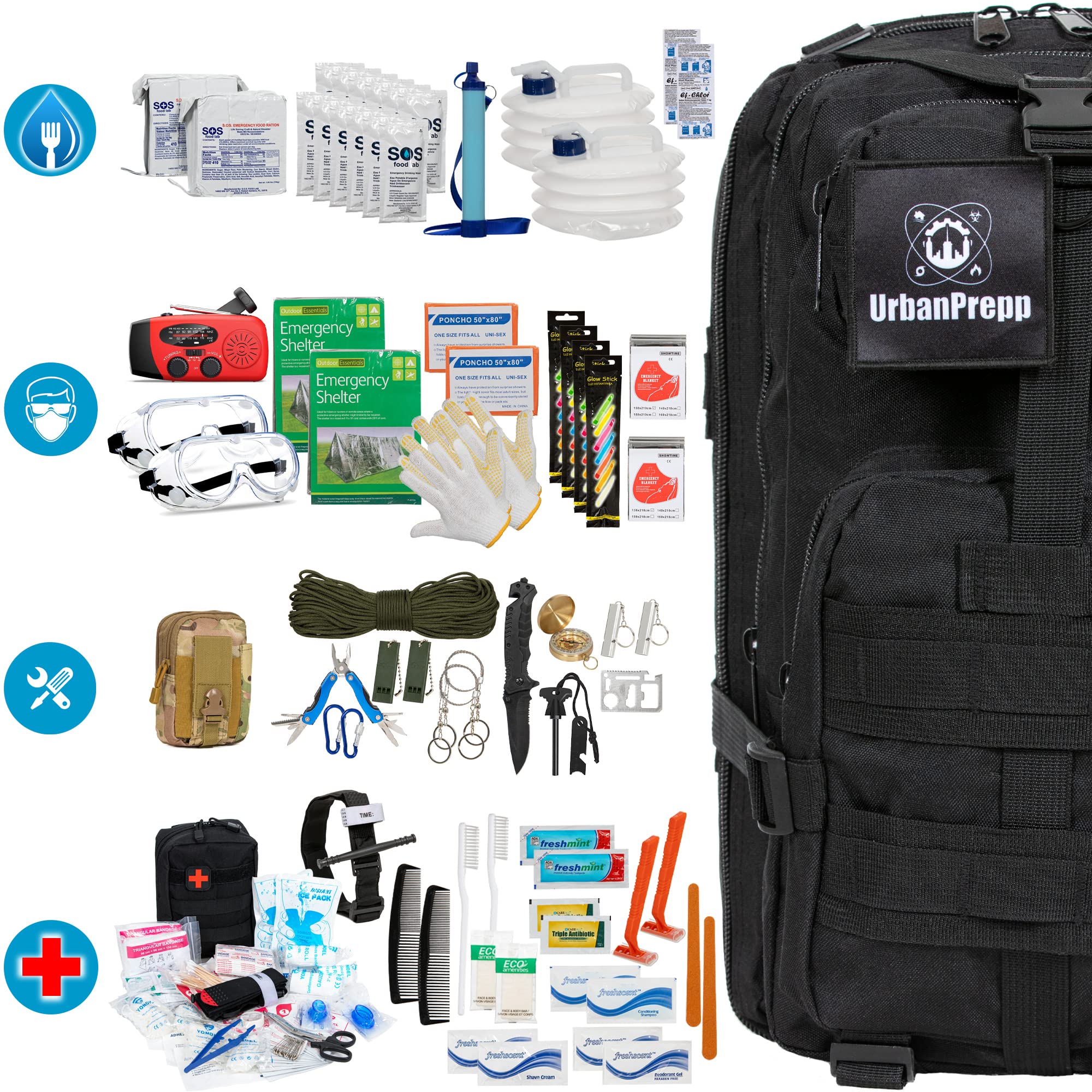 UrbanPrepp Complete 72 Hour Survival Kit - 2 Person Survival Kits, Deluxe Bug Out Bag, Emergency Bugout Backpack for Floods, Blackout, Disaster Preparedness Earthquake Supplies, Survival Pack