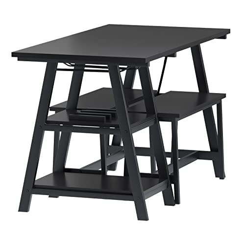 DlandHome Dining Table Set for 2, Kitchen Table Set with 2 Benches, Breakfast Lunch Table with Wine Rack and Glass Holder for Kitchen and Dining,47Inch,Black