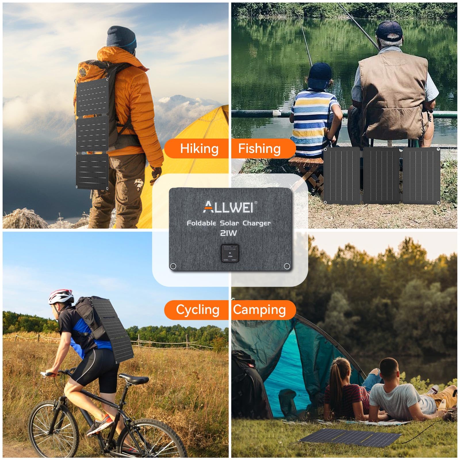 ALLWEI 200W Portable Solar Panel and 21W Portable Solar Charger, Foldable Solar Panel Charger with 2 USB-A Ports, IP68 Waterproof Solar Phone Charger for Outdoor Camping Hiking Backpacking