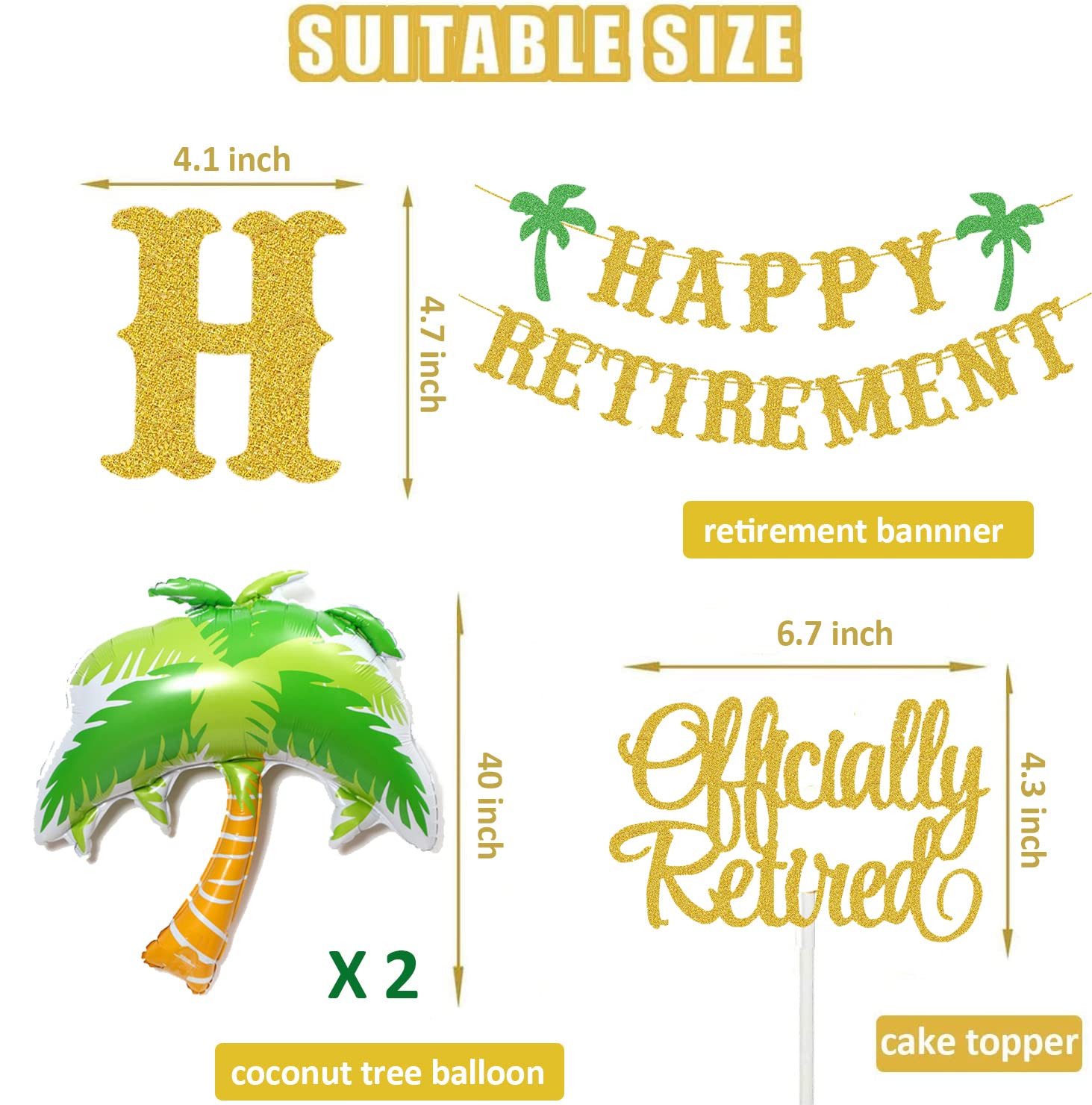 Beach Theme Retirement Party Decorations - Gold Glitter Happy Retirement Banner & Happy Retirement Cake Topper & Coconut Tree Balloons for Beach Theme Retirement Party Supplies Retired Gift Ideas