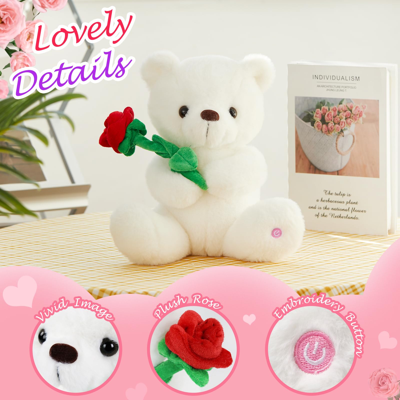 Houwsbaby Glow Teddy Bear with Rose Stuffed Animal for Graduate Soft Light Up Plush Toy LED Night Lights Valentine’s Day Presents for Kids Toddler Girlfriend,White,10.5''