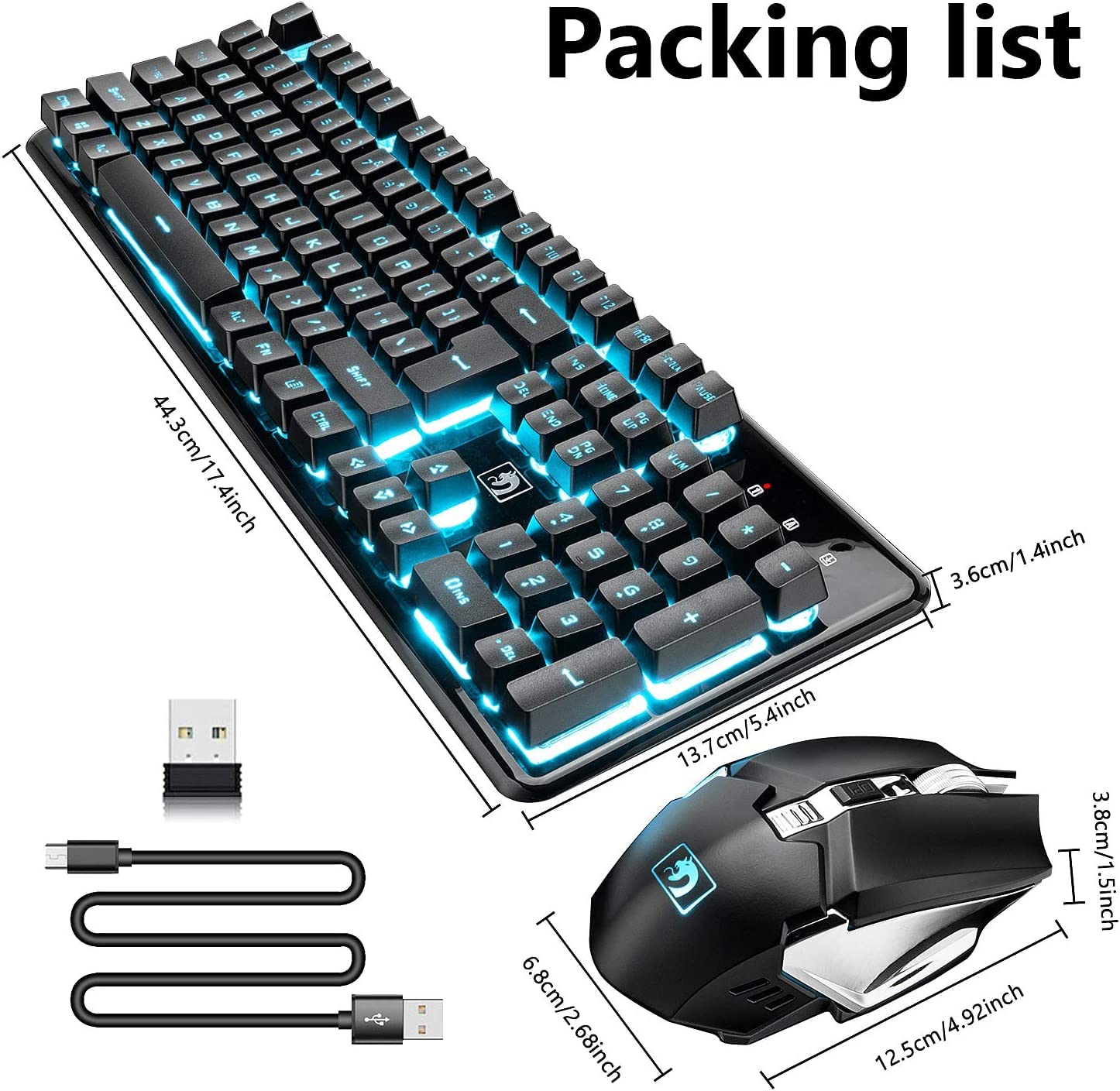 FELICON Rechargeable Wireless Gaming Keyboard and Mouse Combo & Lager Mouse Pad kit Ice Blue Backlit Mechanical Feel 104 Keys Full Keybaord, Queit, Waterproof for Computer PC Mac