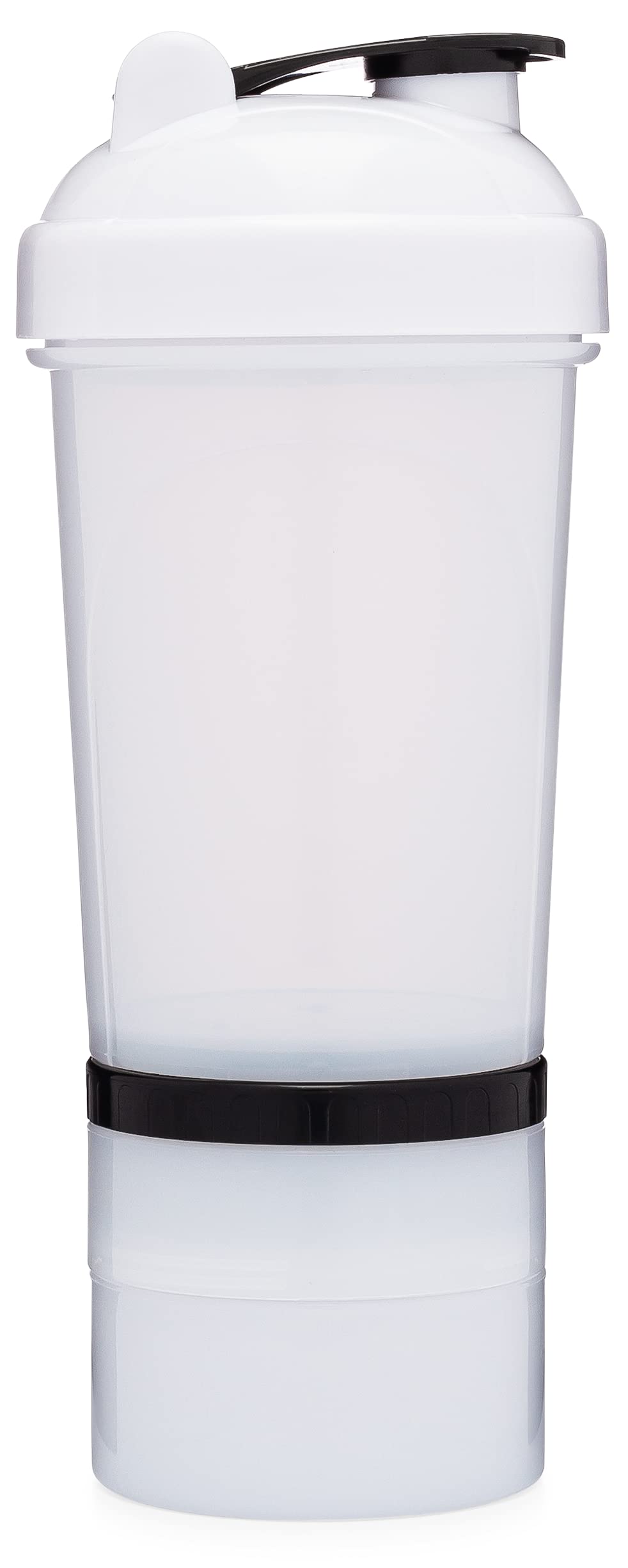 GOMOYO [2 Pack] 20-oz Shaker Bottle with Attachable Storage Compartments (White & Black - 2 Pack) | 20 Ounce Protein Shaker Cup with Mixing Agitator