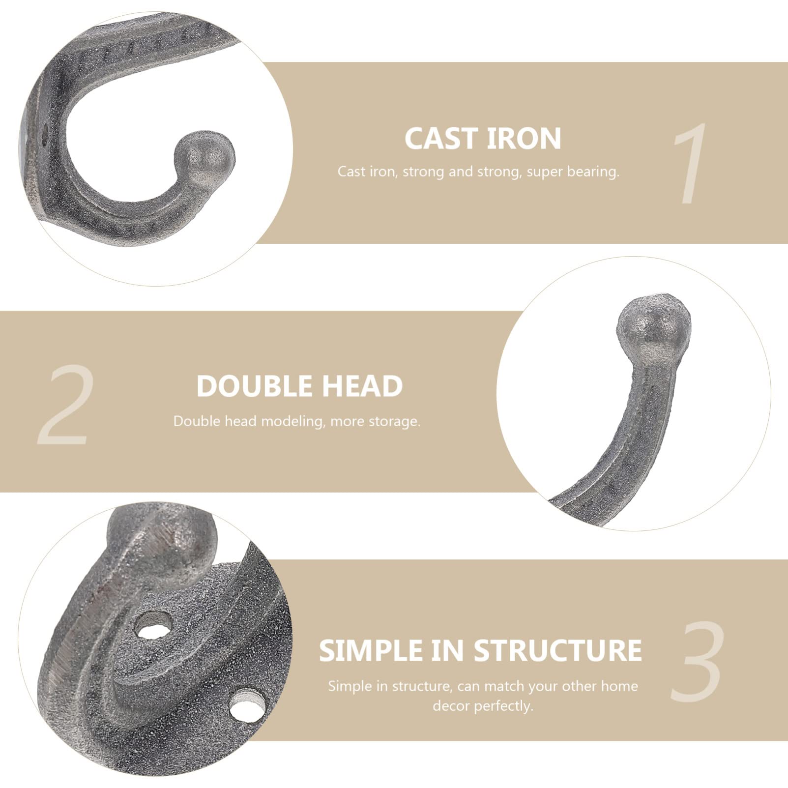 Cabilock 6pcs Double Cast Iron Hook Wall Hangers for Clothes Coat Hooks Retro Keychain Bathroom Hooks Spatula Storage Hook Office Hanger Hook Towel Hooks Wrought Iron Hat Rack