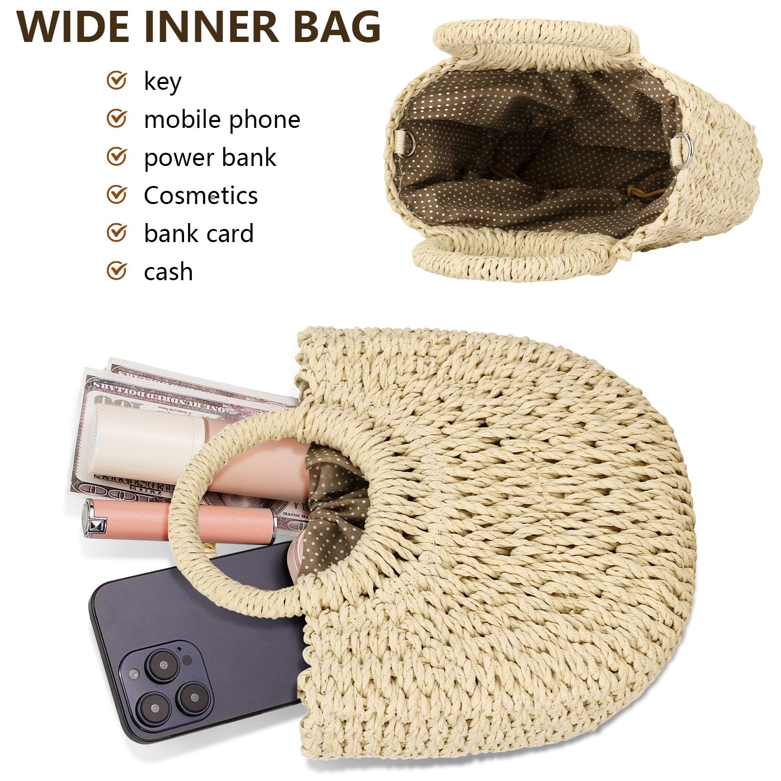 FENBEN Women Straw Crossbody Bag Summer Beach Weave Shoulder Bag Rattan (Beige)