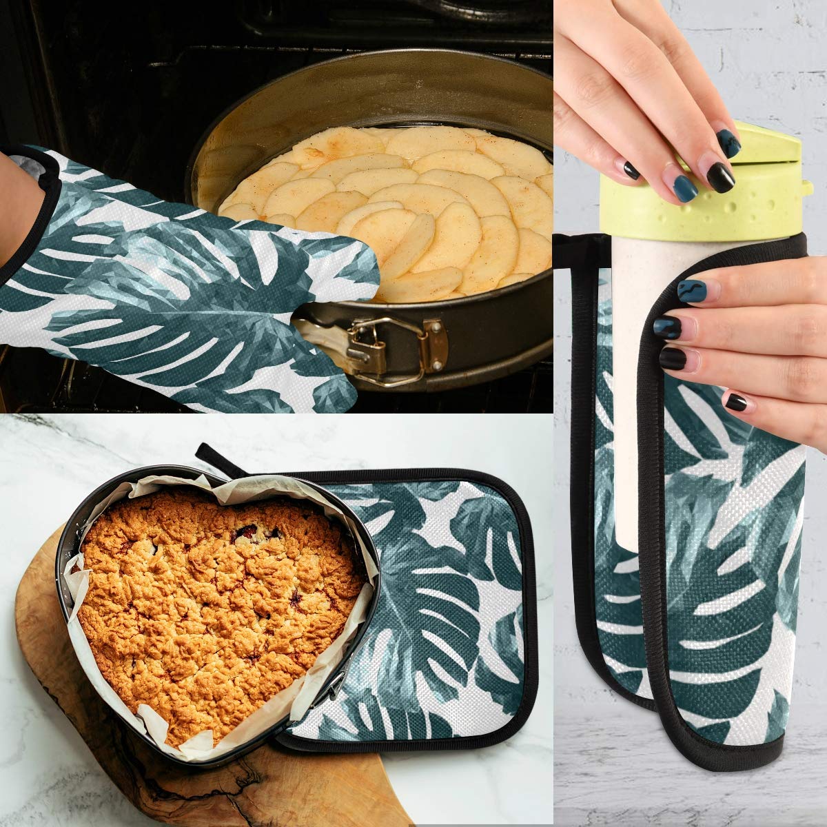 BOOBERT Oven Mitts and Pot Holder Oven Gloves Cute Monstera Green Palm Leaves Non-Slip Hot Pads Insulation Gloves Heat Resistant Kitchen Set for Cooking Baking Grilling BBQ