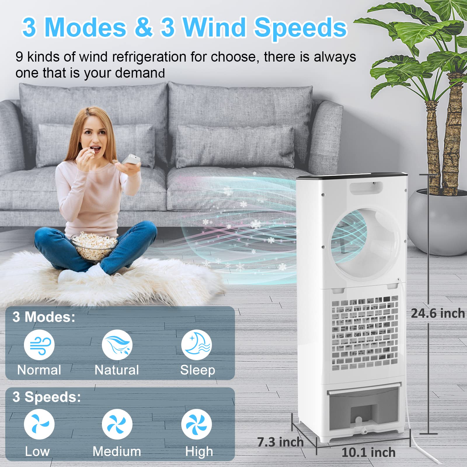 Portable Air Conditioners, 3-in-1 Bladeless Evaporative Air Cooler, 3 Speeds 3 Modes Personal AC Cooling Oscillating Tower Fan, Remote Control Evap Cooler Fan with Timer, Windowless Portable AC for Room