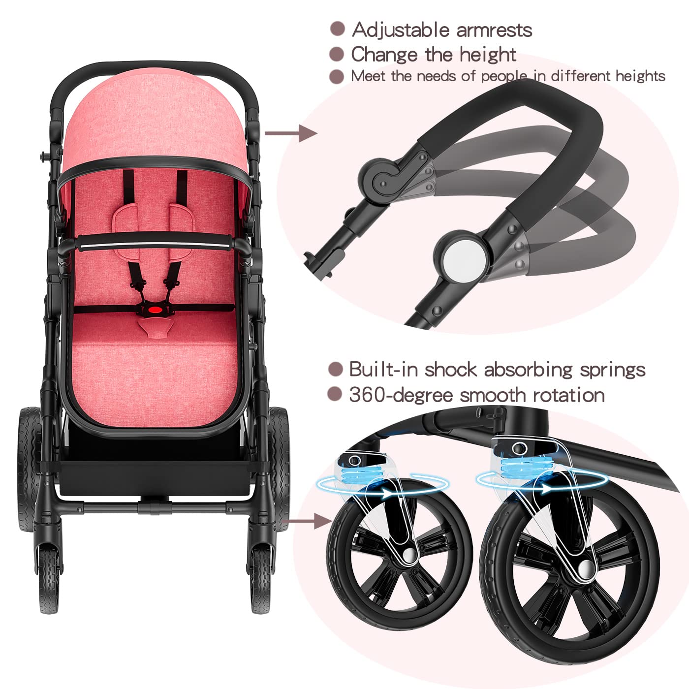 Baby Stroller Infant Bassinet Stroller Toddler Reversible Seat Pram Foldable Pushchair with Adjustable Canopy Backrest and Pusher, Suspension Wheels Fit All Terrains, Cup Holder (PINK)