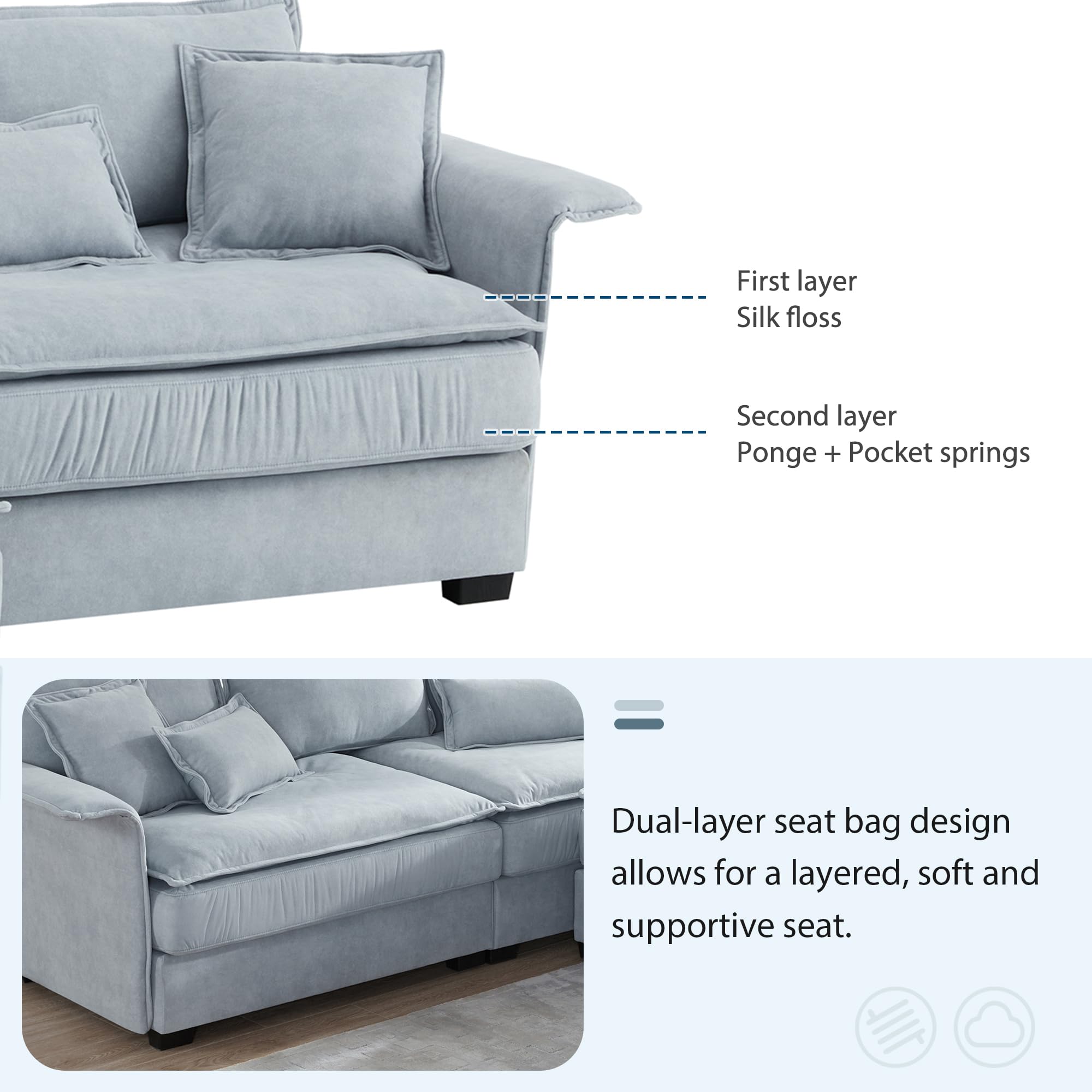 DEINPPA Sectional Sofa with Bentwood Armrests, Modern Deep Seat Sofa Couch with Ottoman, Tech Cloth Upholstered Sleeper Sofa, Comfy Furniture for Living Room, Apartment, Studio, Office-Blue