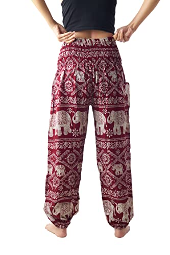 B BANGKOK PANTS Harem Pants Women Boho Clothes with Pocket (Red Elephant, One Size)
