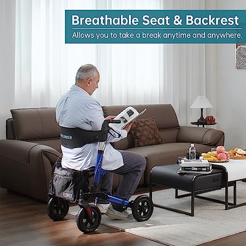 ELENKER All-Terrain Rollator Walker with Seat, Outdoor Rolling Walker, 10” Non-Pneumatic Tire Wheels Compact Folding Design for Seniors, Blue
