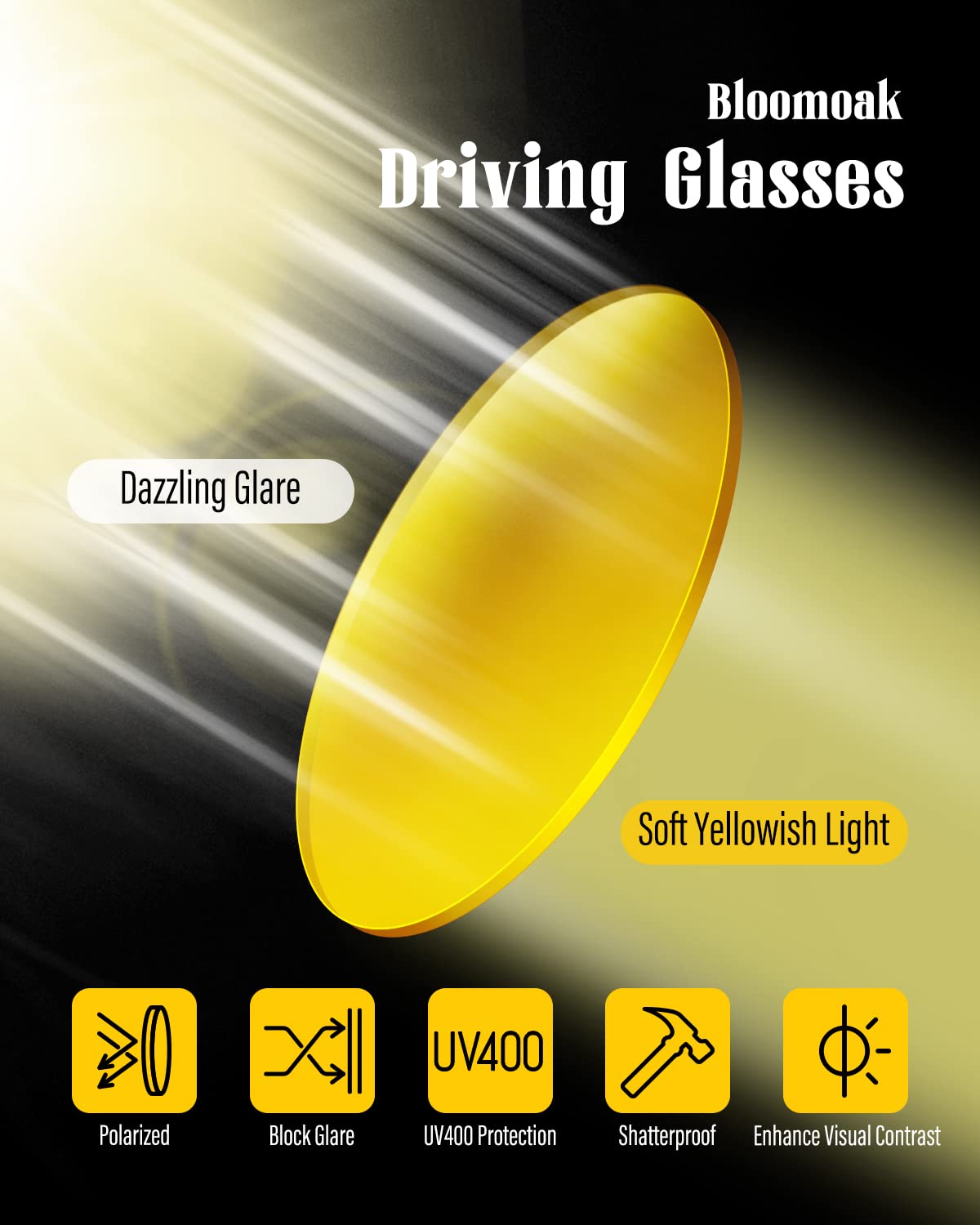 B BLOOMOAK Night Driving Glasses, Polarized Sports Night Vision Glasses - Anti glare, UV 400 Protection, Ultra Light(Yellow)