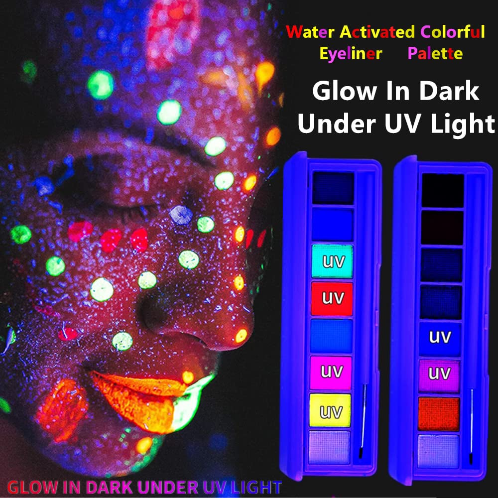 Go Ho 16 Colors Water Activated Eyeliner Palette,Highly Pigmented Bright Vibrant Fluorescent Rainbow Colorful Face and Body Paint Makeup,Matte and UV Paint Graphic Eyeliner,With Eyeliner Brush