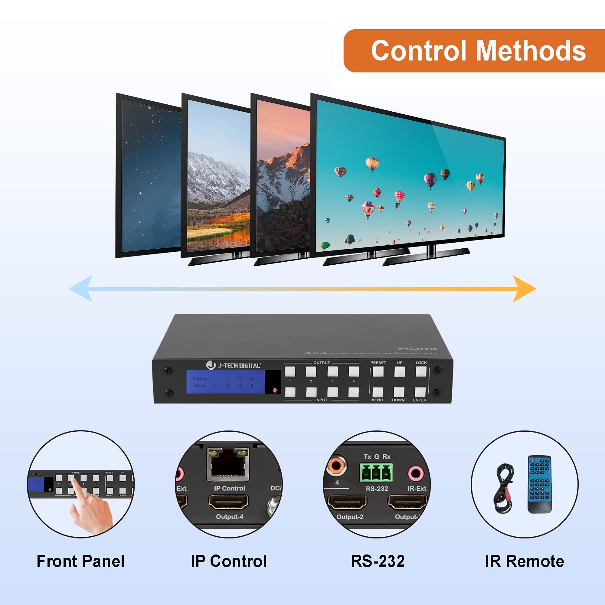 J-Tech Digital 4K 4x4 HDMI Matrix Switch HDMI2.0 4K 60Hz 4:4:4 HDR Compatible with Dolby Vision, with Audio Outputs, Display Panel, Web GUI Control, J-Tech Digital Control App [JTECH-4KM44A]