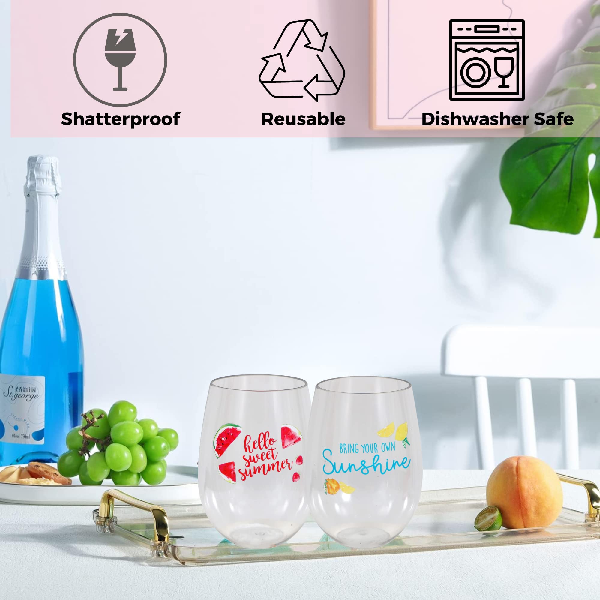 BFL Tropical Party Stemless Wine Glasses, 20oz Plastic Cups Reusable Shatterproof Drinkware Home Picnic Camping Summer Beach Pool Luau Hawaiian Themed Party Indoor Outdoor Pack of 4 (Design May Vary)