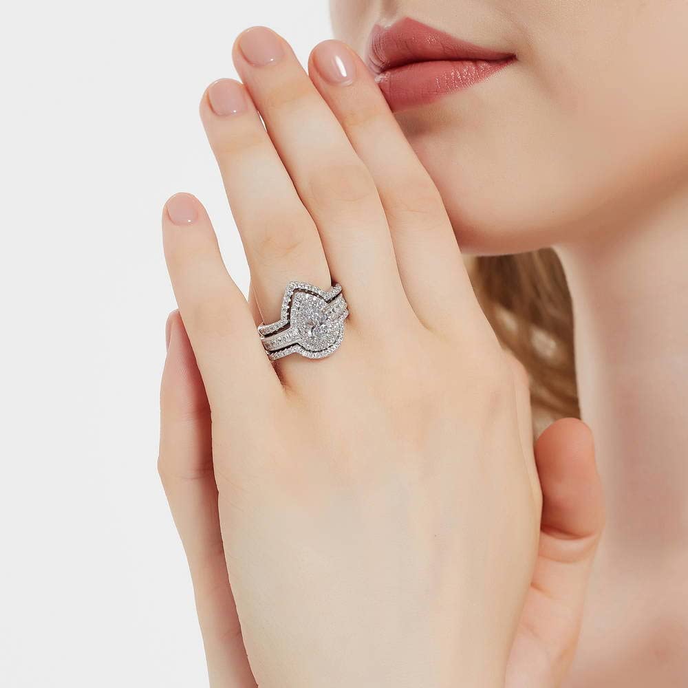 BERRICLE Sterling Silver Halo Wedding Engagement Rings Pear Cut Cubic Zirconia CZ Milgrain Ring Set for Women, Rhodium Plated Size 8