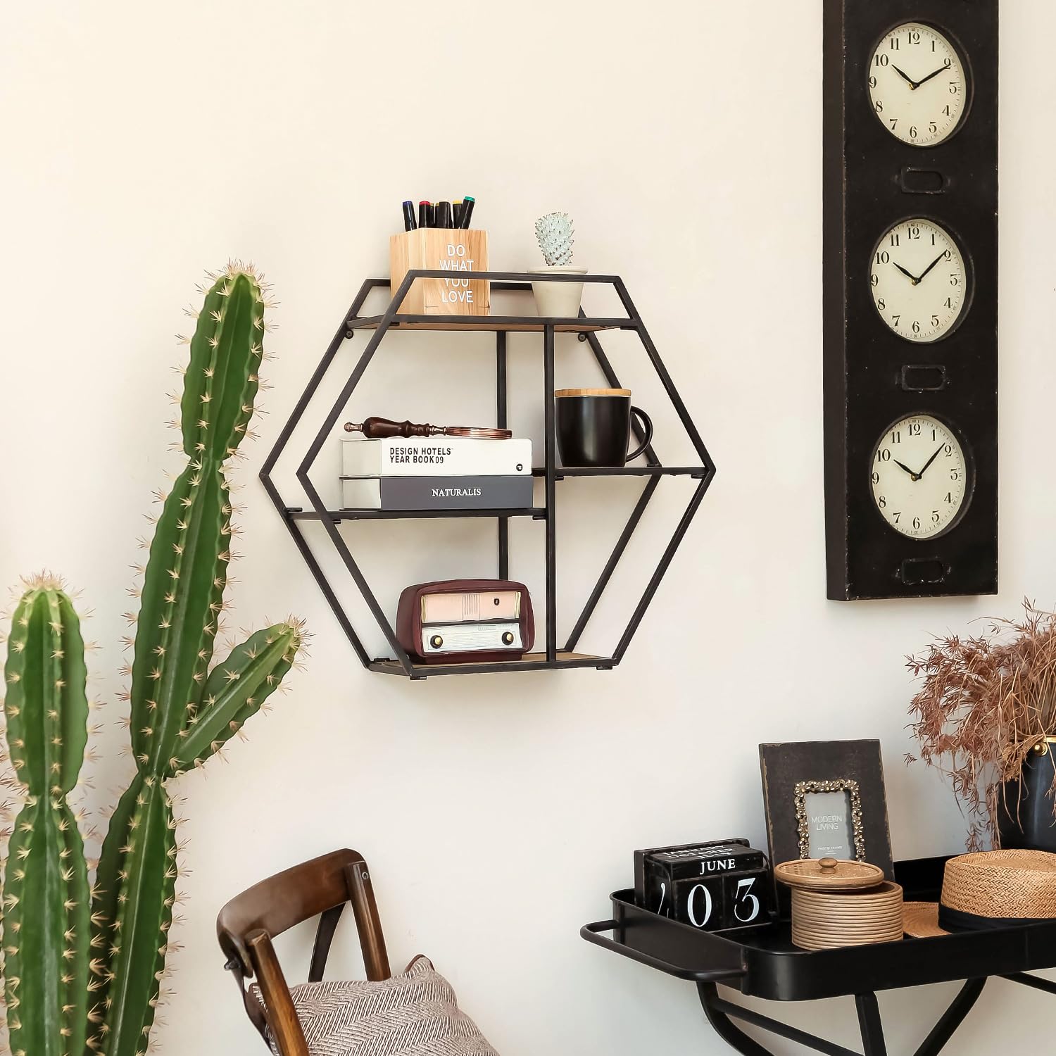 Industrial Style Hexagon-Shaped Wall Shelves, 3 Tier Decorative Floating Ledge Shelves, Wall Mounted Metal Bracket Wooden Display Hanging Shelf