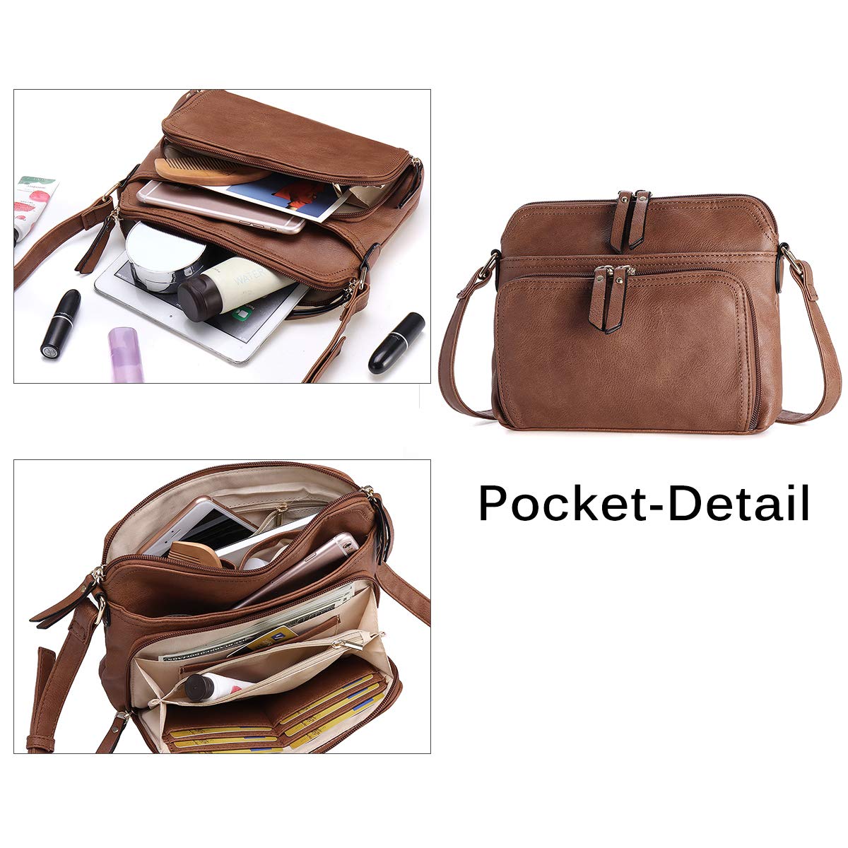 OB OURBAG Solid Multi-pockets Casual PU Leather Crossbody Shoulder Bags for Women (Brown)