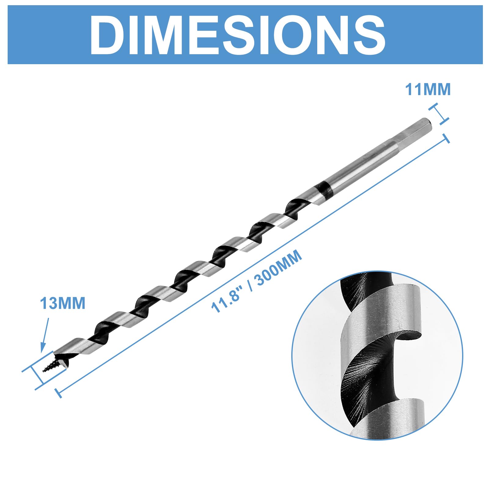 Masendelk Ship Auger Drill Bit 13 x 300mm (Slightly Larger Than 1/2 x 12 Inch), Wood Auger Bit with 11mm Hex Shank