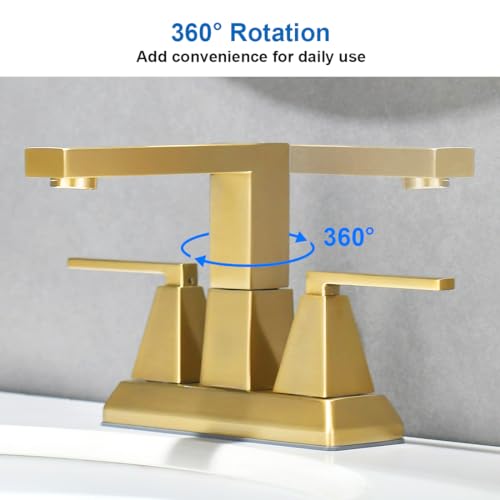 BRAVEBAR Brushed Gold 2 Handle Bathroom Faucet - 4In Centerset Faucet Bathroom | Modern Brass Faucets for Bathroom Sink with Pop Up Drain Assembly & 360° Swivel Spout Gold