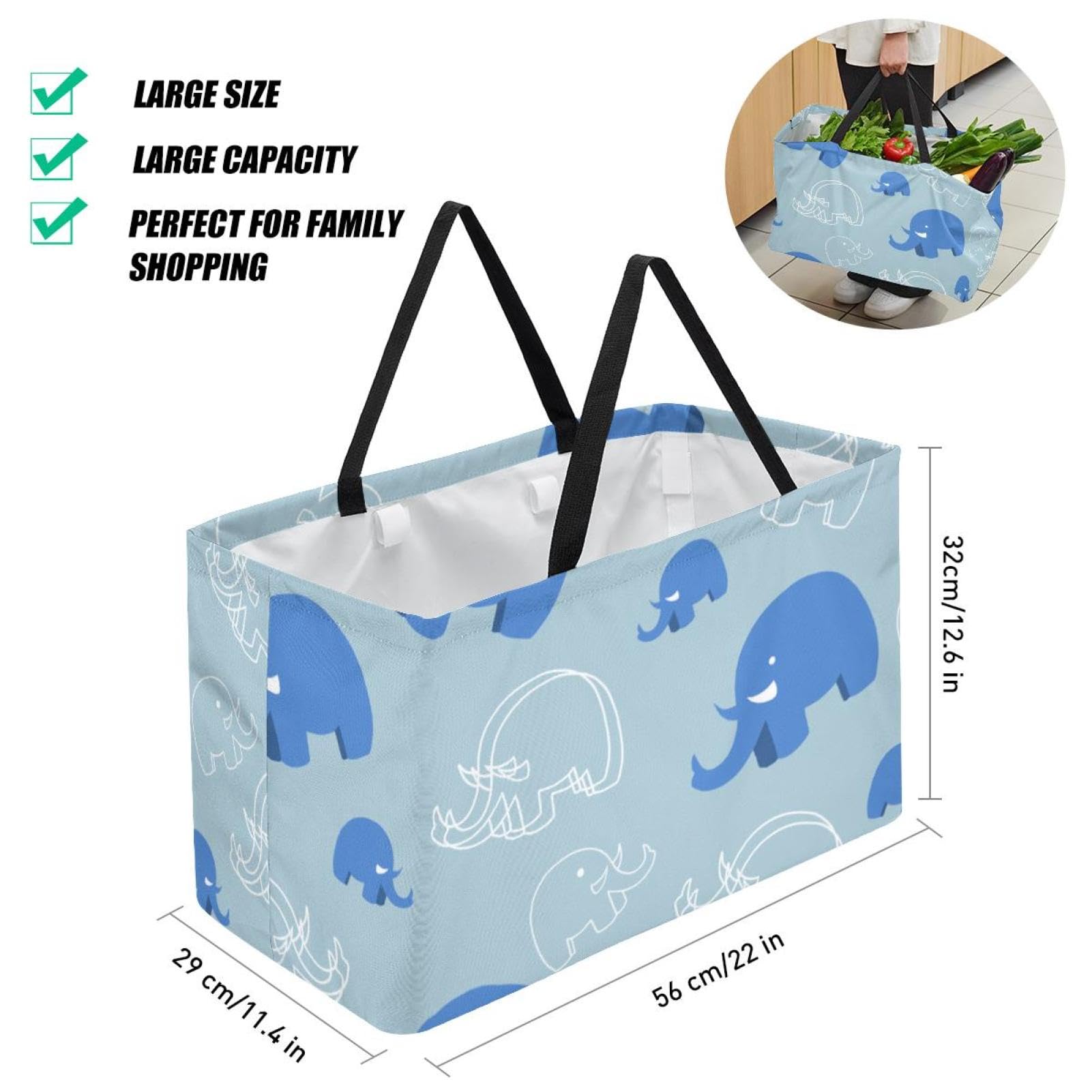 Cartoon Elephant Full Print Large Capacity Laundry Organizer Tote Bag - Reusable and Foldable Oxford Cloth Shopping Bags