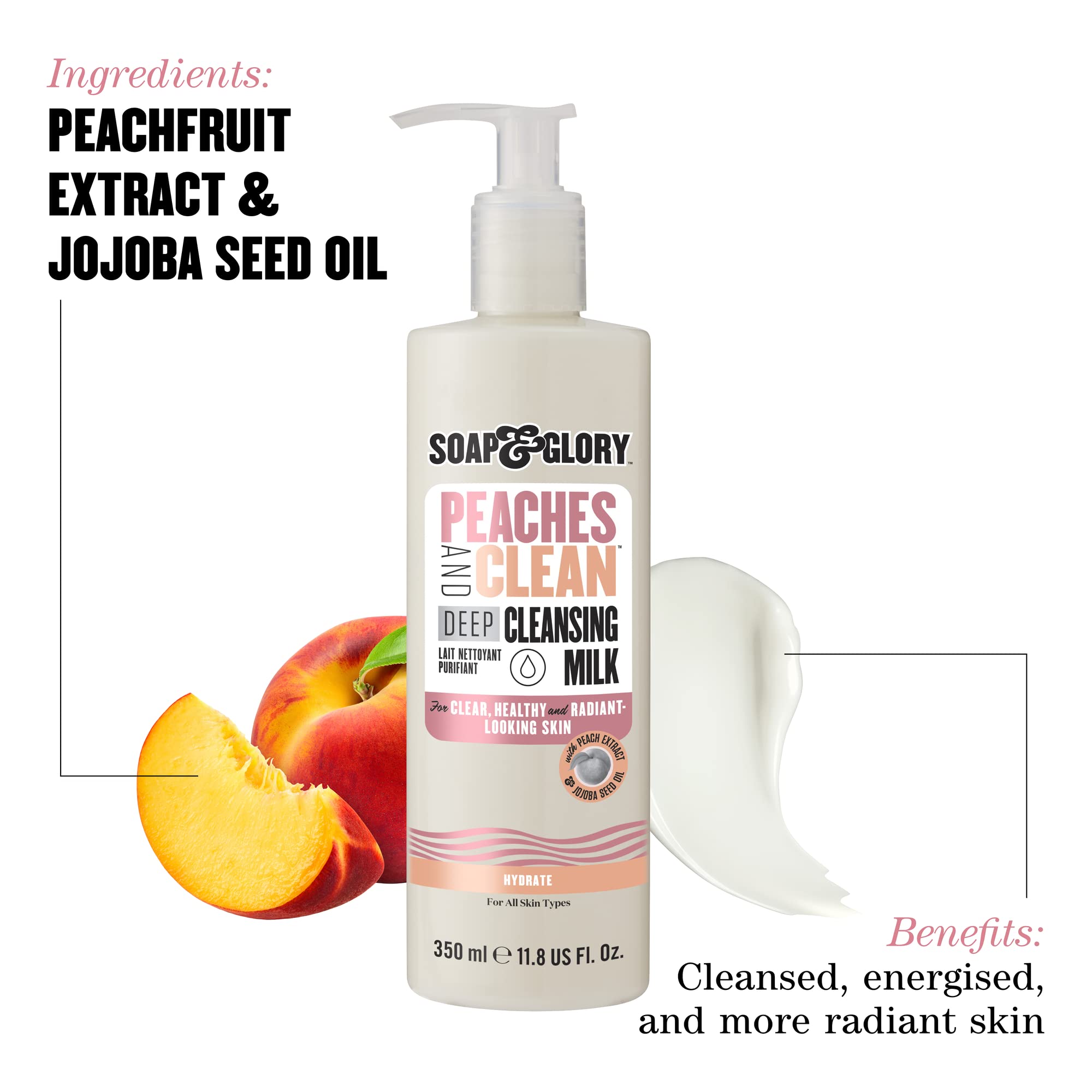 Soap & Glory Peaches & Clean Deep Cleansing Milk - 4 in 1 Milk Cleanser & Makeup Remover with Peach Extract, Ginseng & Jojoba Oil - Hydrating Facial Cleanser for Clarified & Energized Skin (350ml)