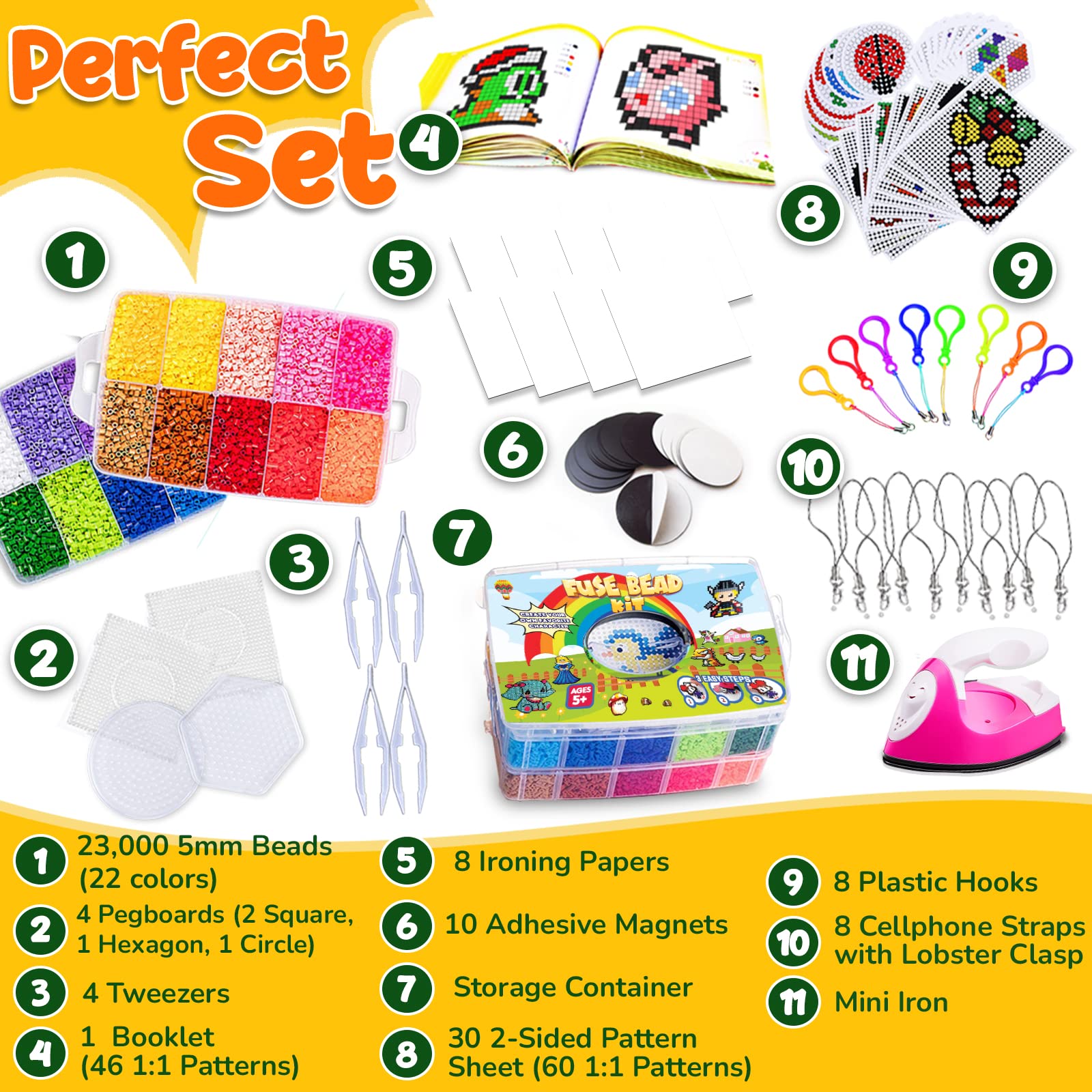 Goody King Board Fuse Beads Iron Set - Fuse Beads Set for Kids Crafts with Bead Pegboard and Aqua Pony Beads, Pixel Art and Craft Bead Kit (Large Set with Iron)