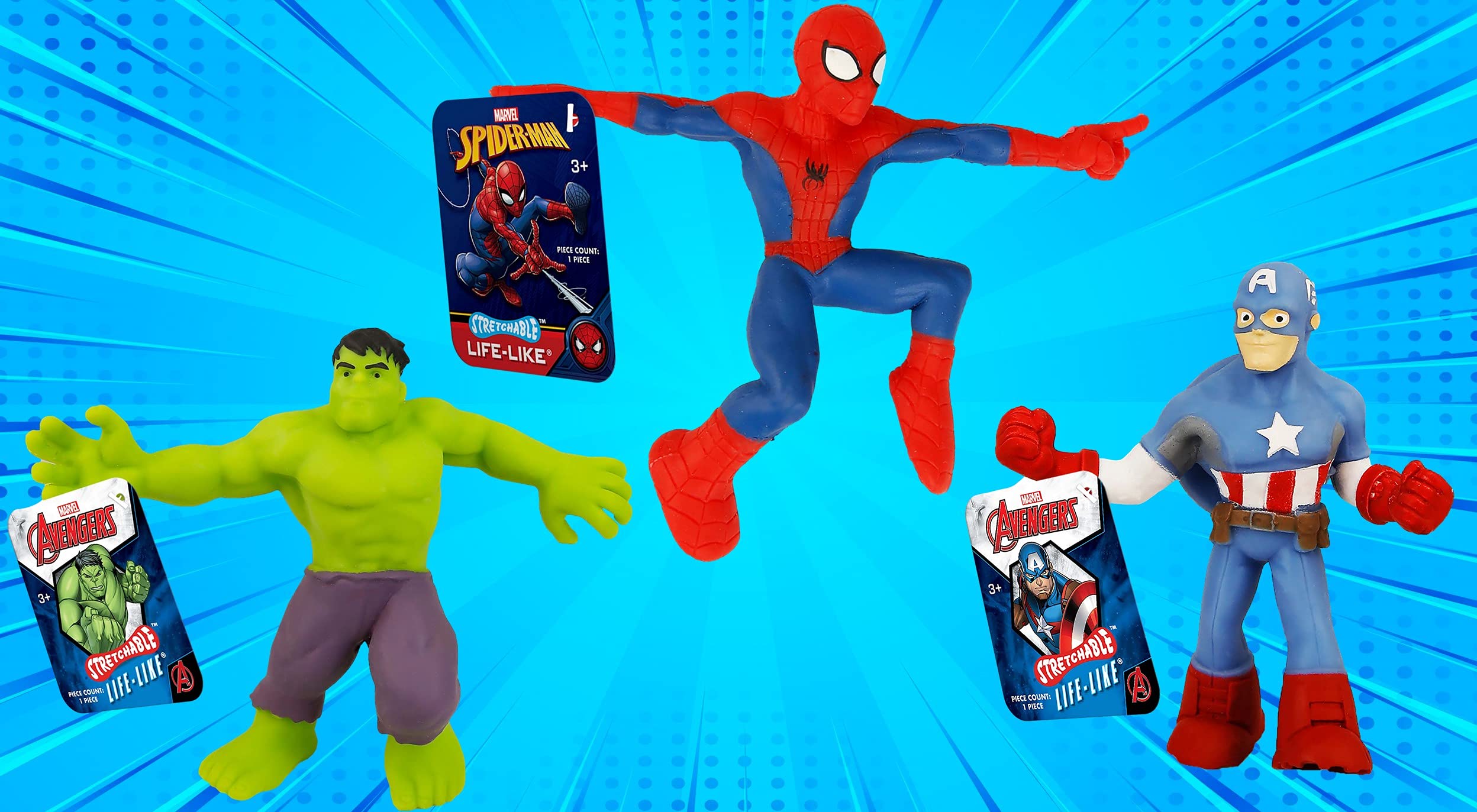 JA-RU Marvel Avengers Stretchy Toys Heroes Squish & Pull Toys (3 Units Assorted) Hulk Captain America & Spiderman Calming Fidget Toy, Stress Toys for Kids & Boys Toys DEF-6900-3