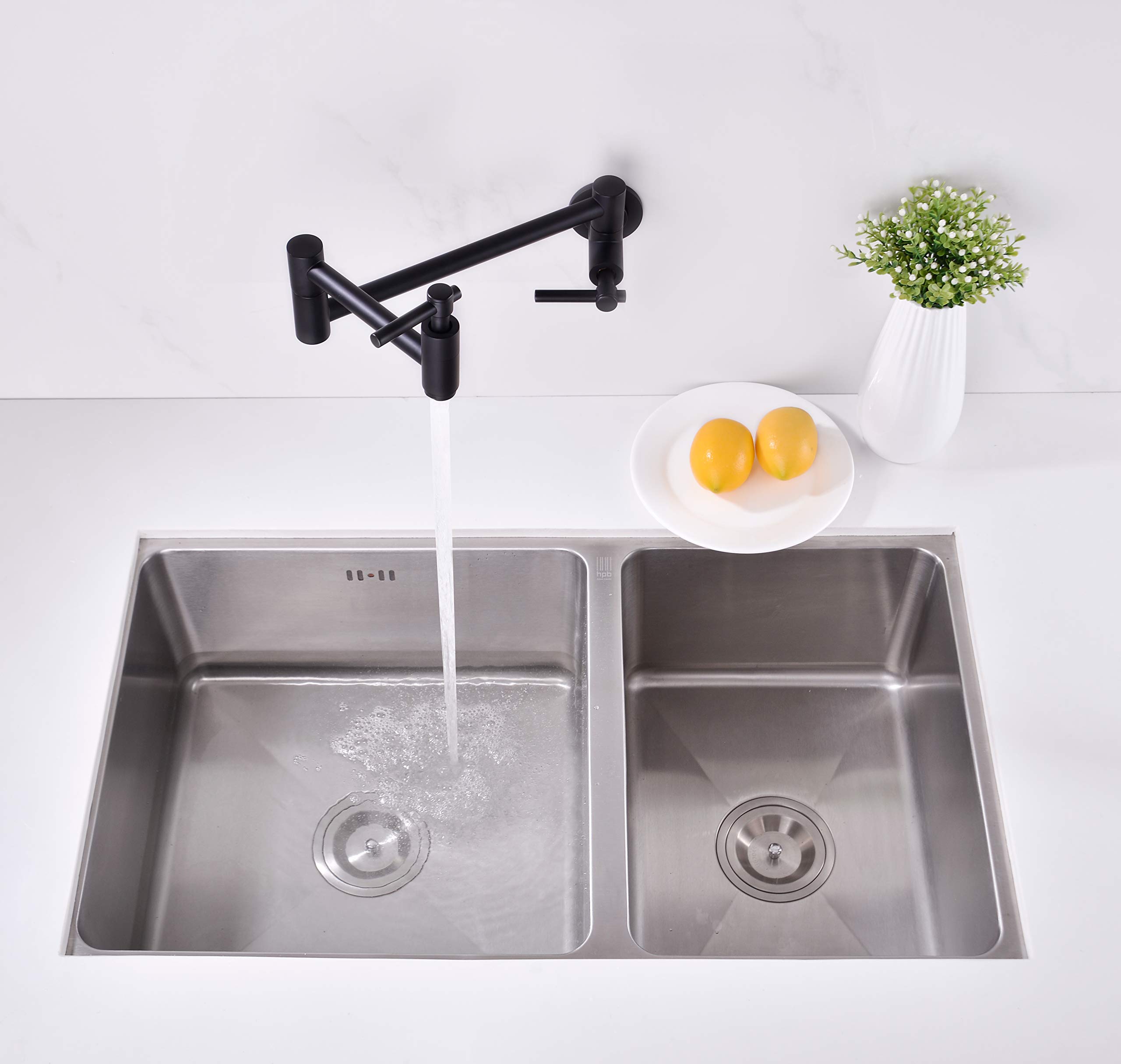 CAKIONG Matte Black Pot Filler Faucet Wall Mount Double Joint Swing Arm Folding Faucet Stretchable Brass Kitchen Faucet with Single Hole Two Handles