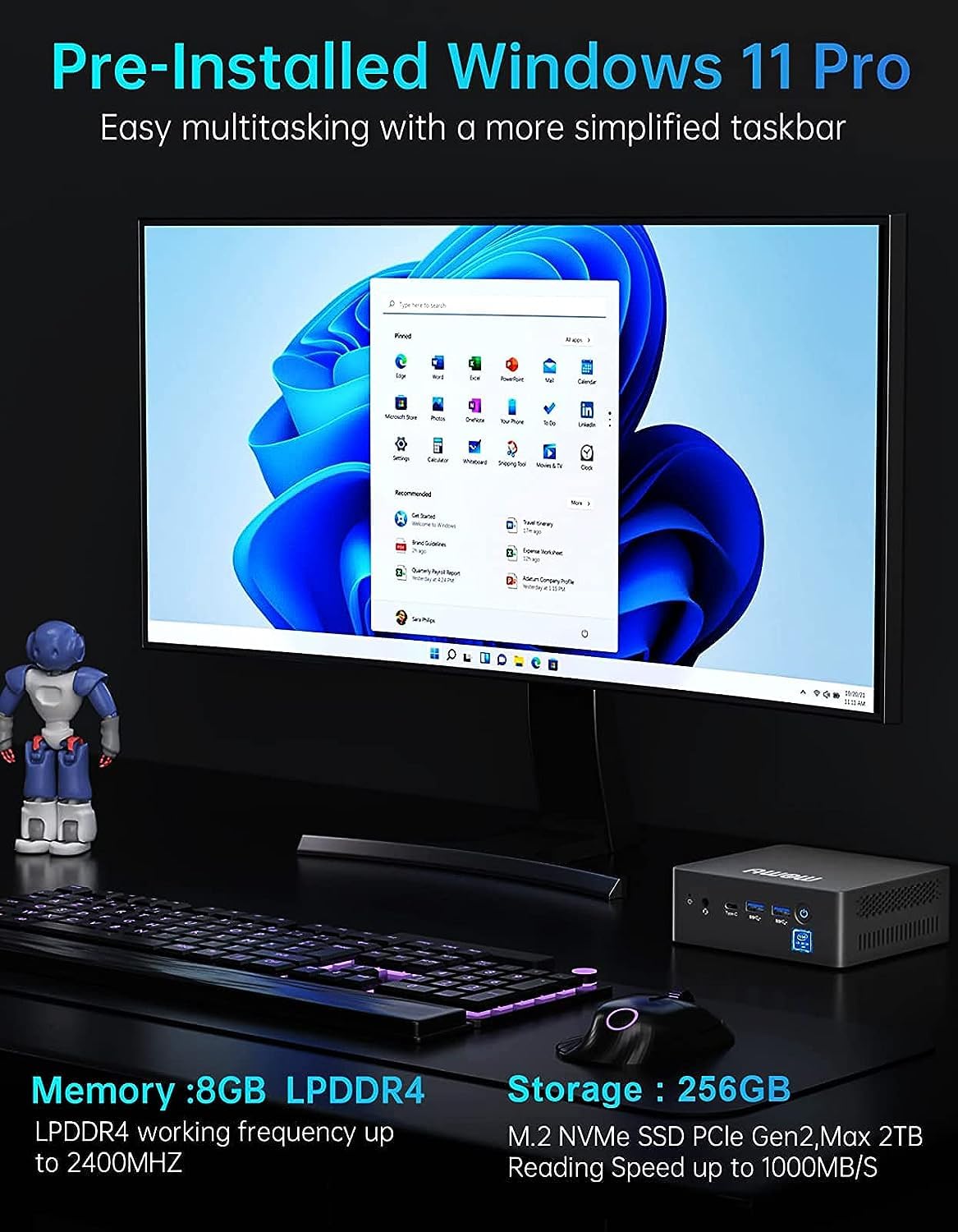 AWOW AK41 Mini PC, Intel Celeron J4125 Mini Desktop Computer, 8GB RAM 128GB SSD, 4K UHD, Dual WiFi, 2X HDMI, 4X USB, BT 4.2, Gigabit Ethernet with VESA for Office/Business/Daily Use
