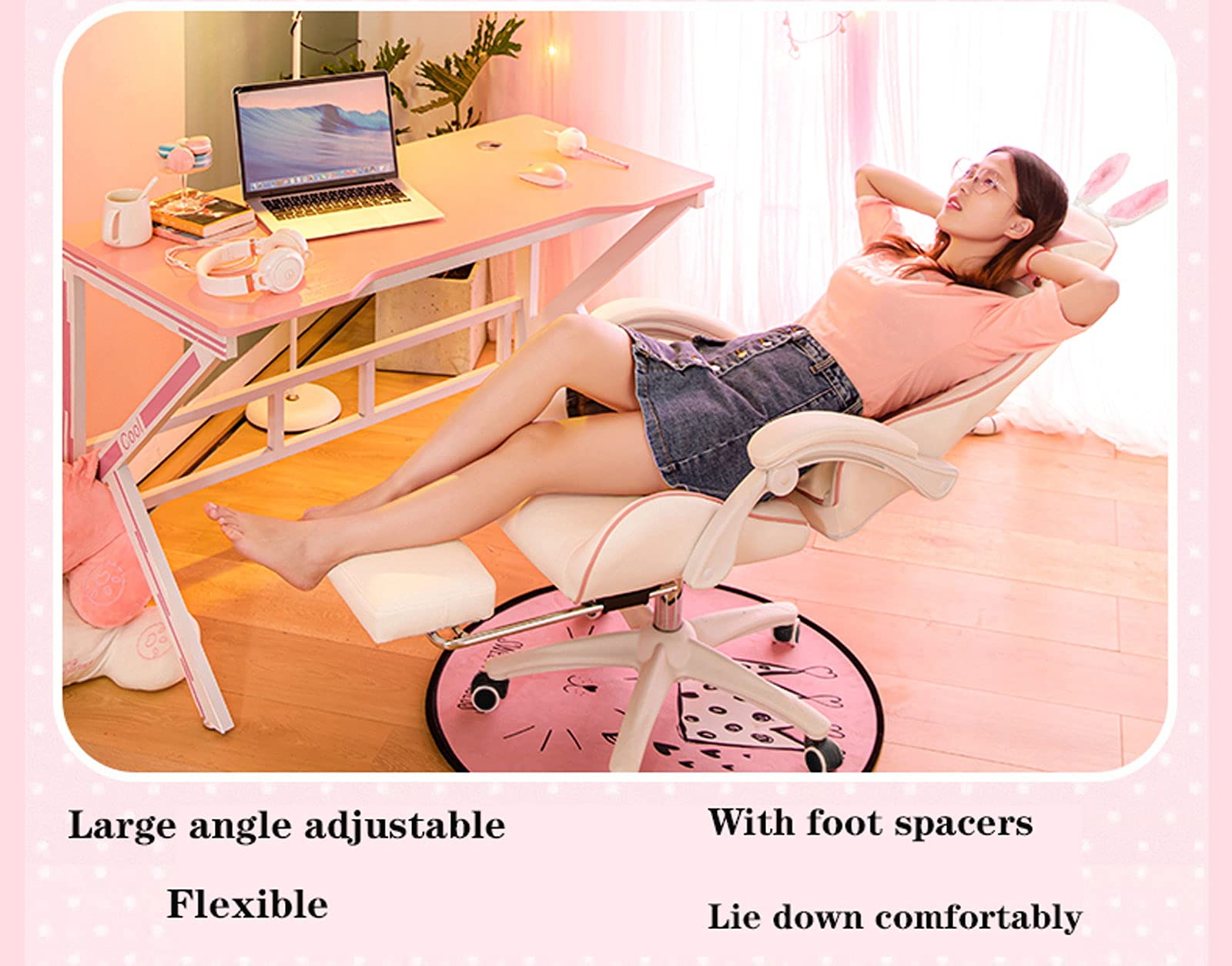 FFLLAS Gaming Chair Pink,Computer Office Chair Cute Pink Rabbit Style, with Retractable Arms and Footrest Adjustable Massage Lumbar Cushion Ergonomic Computer Desk Chair,Purple