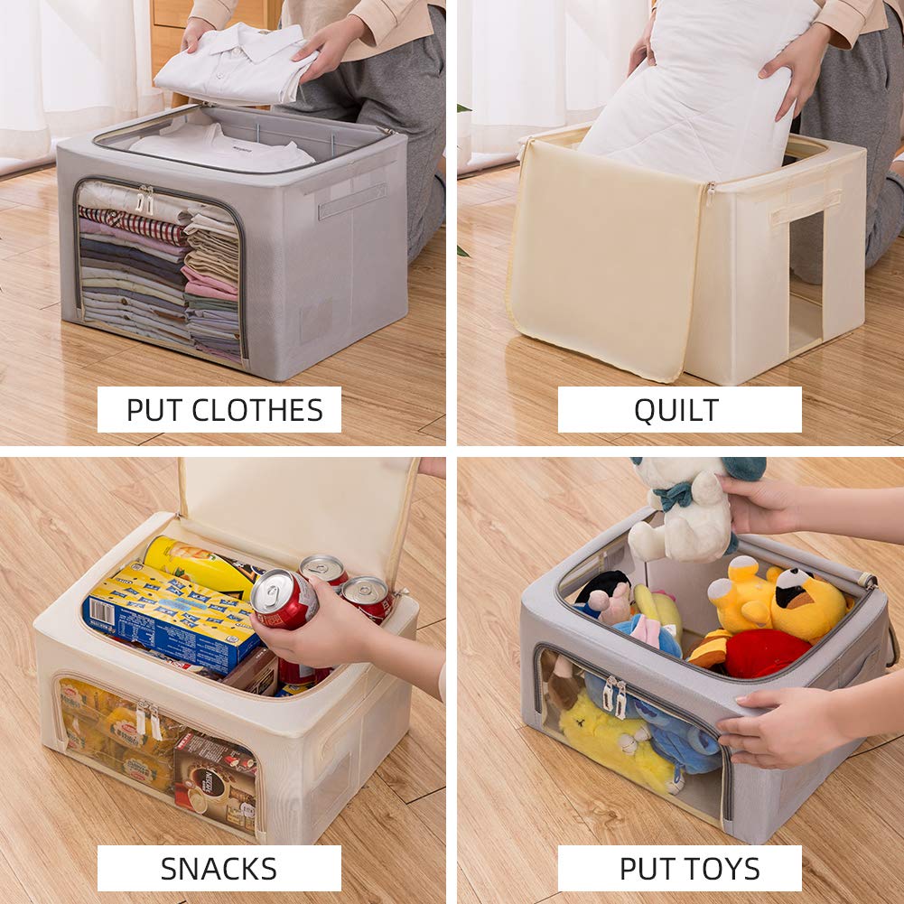 FHSQX Clothes Storage Bins,Foldable Clothing Storage Box,Stackable Steel Frame Oxford Fabric Organizer with Clear Window & Carry Handles (Beige, (15.7 * 12 * 8) x2)