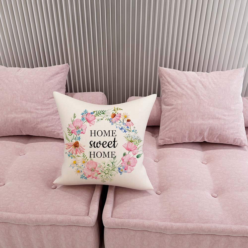 FIBEROMANCE Spring Pillow Cover 18x18 Flower Pillow Home Sweet Home Spring Floral Garden Wreath Farmhouse Décor Throw Pillow Covers Pillow Case for Sofa Couch Home Decoration