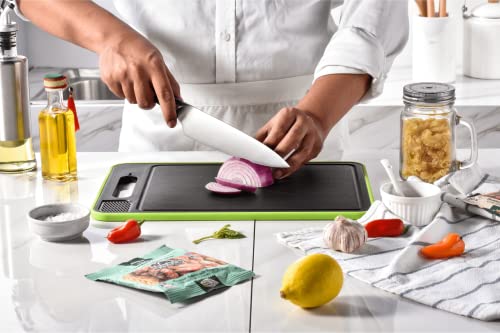 Bandeja de Descongelación - Tabla de cortar 4 en 1, Tabla Multifuncional con Afilador de Cuchillo, Rallador de ajo, Tabla para descongelar carne, Tabla de cortar antideslizante doble cara.