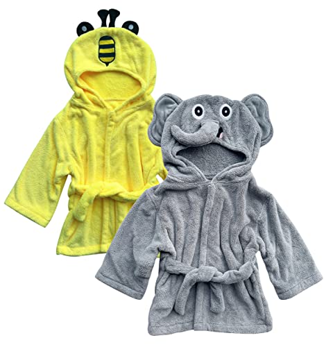 Sunny zzzZZ 2 Pack Unisex Baby Plush Animal Face Robe for 0-9 Months - Neutral Design Softest Newborn Clothes for Boys and Girls - Baby Essentials Registry Search Gifts - Cute Bee and Happy Elephant