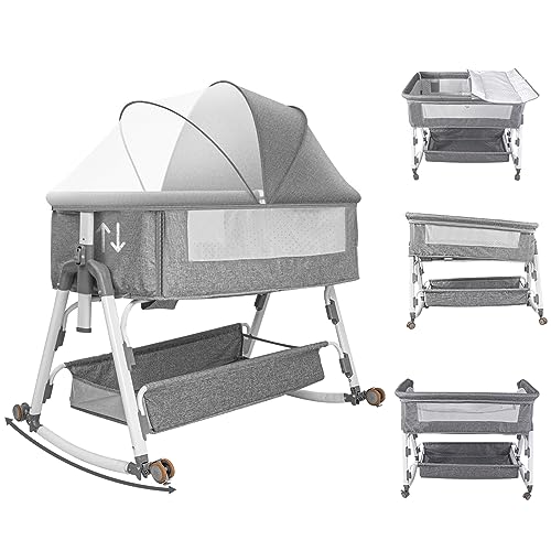 Baby Bassinet, Bedside Bassinet for Baby, Bassinet Bedside Sleeper with Wheels, 5 Height Adjustable, Baby Bassinet Sleeper Included Mosquito Net + Storage Basket… Grey