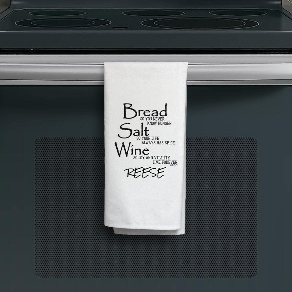 Bread Salt Wine Housewarming Gift for Women Wonderful Life Quote with Custom Text Personalized Kitchen Tea Towel White